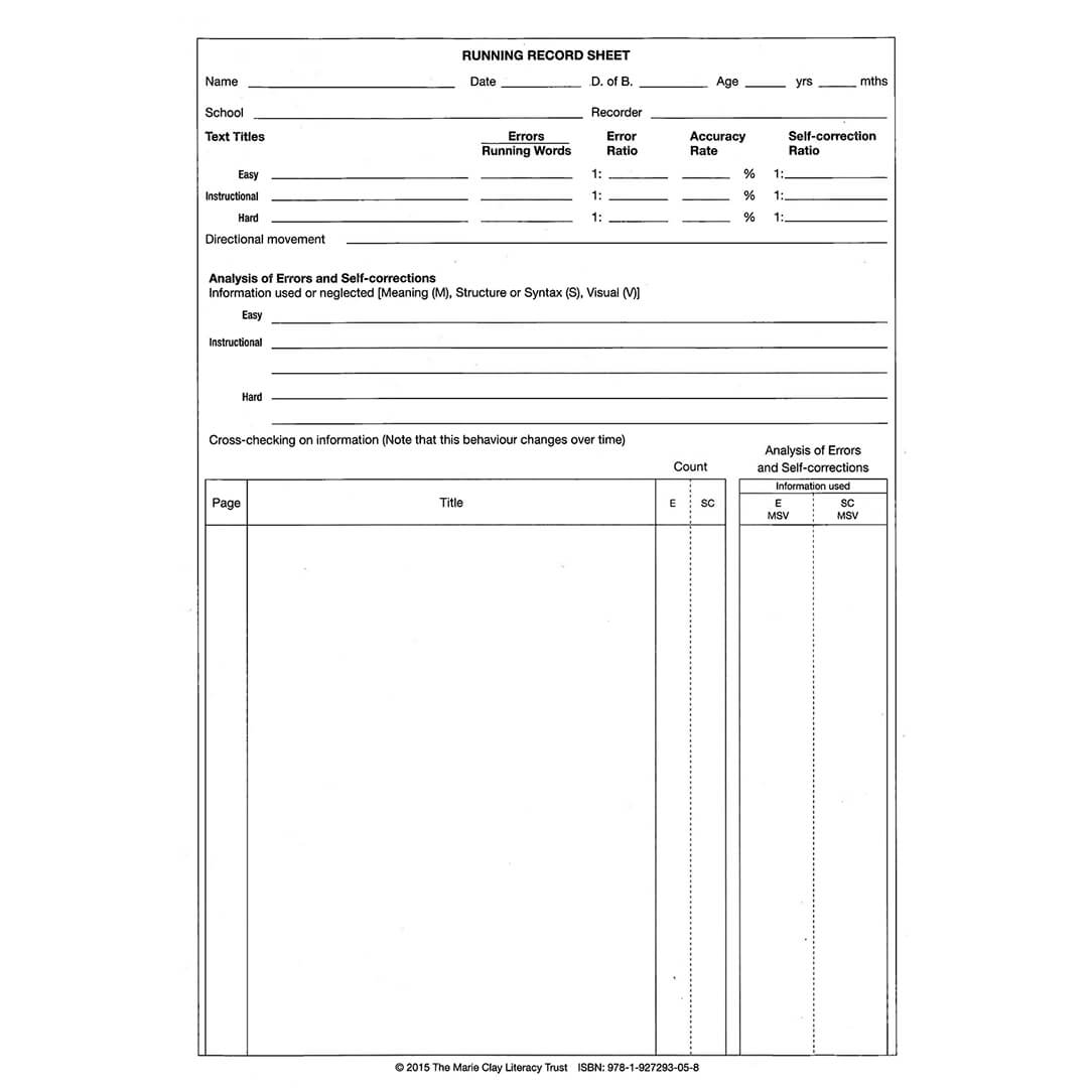 Running Record Sheet Pad 2nd Edition Essential Resources